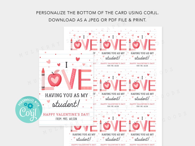 Printable I Love Having You as a Student Valentine's Day - Etsy
