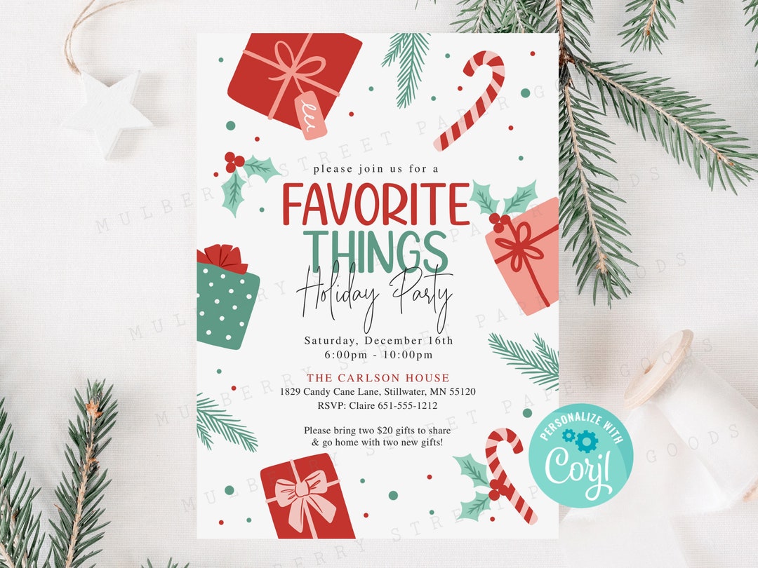 Bright Festive Christmas Party Invitation Printable, Favorite Things ...