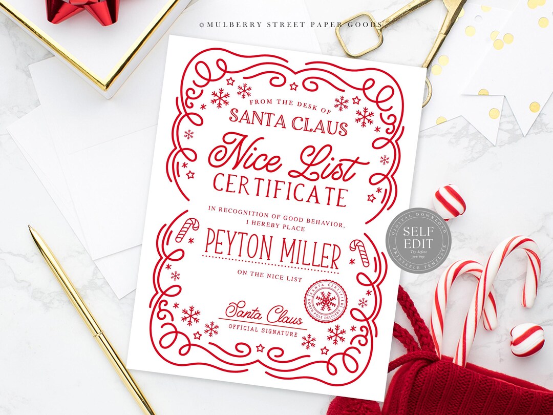 Editable Santa's Nice List Certificate Canva Template Printable ...