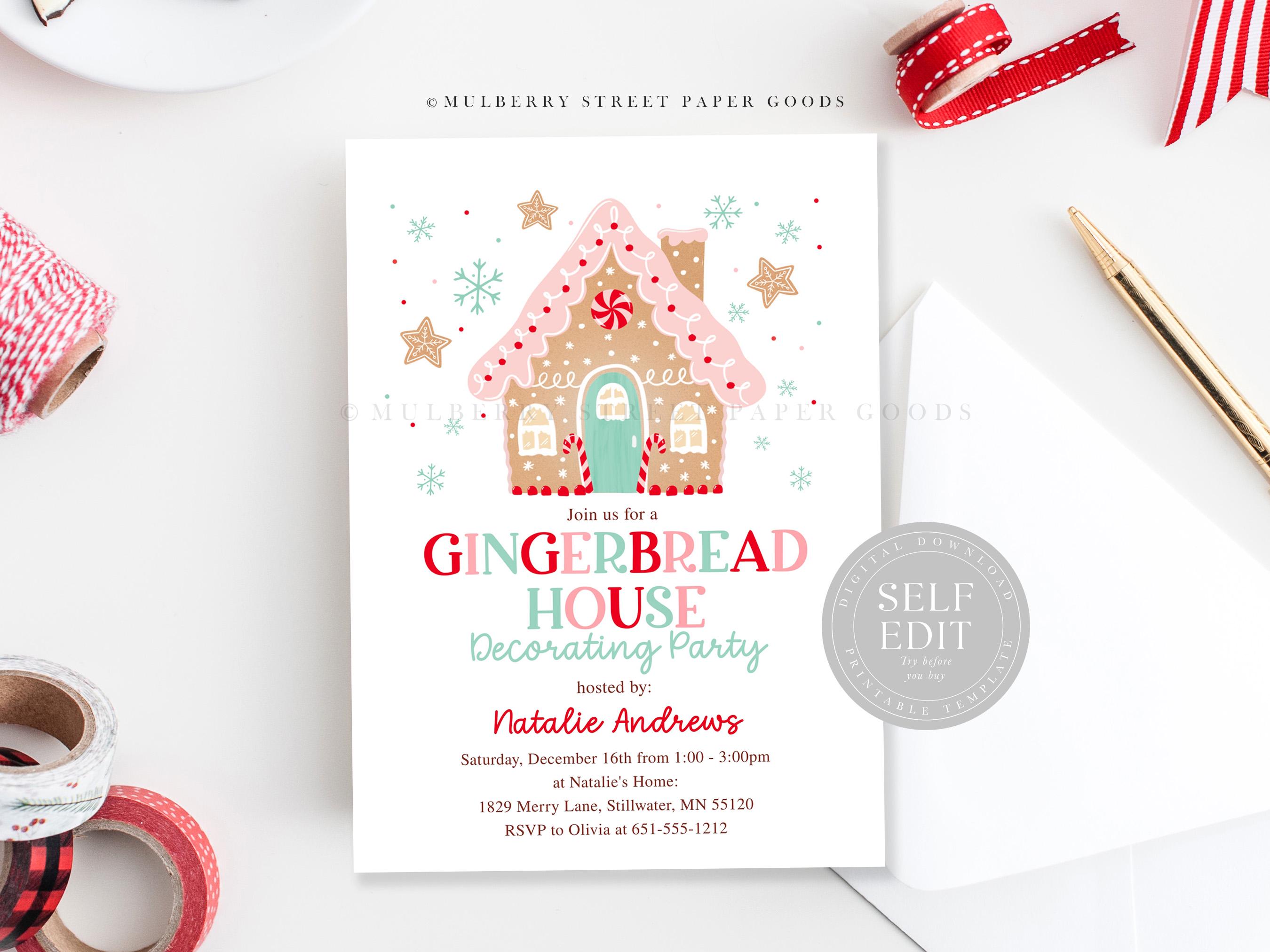 Editable Gingergread House Decorating Party Invitation Template ...