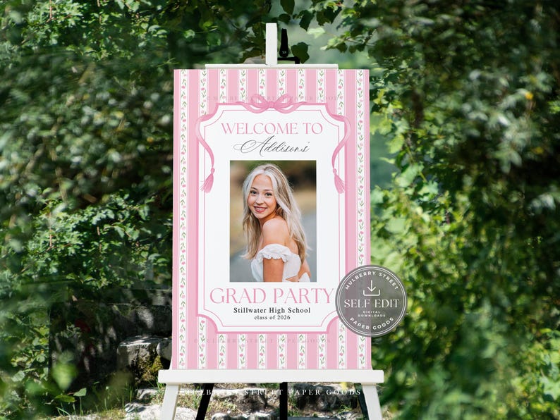 Pink Floral Graduation Welcome Sign Canva Template Printable, Editable ...