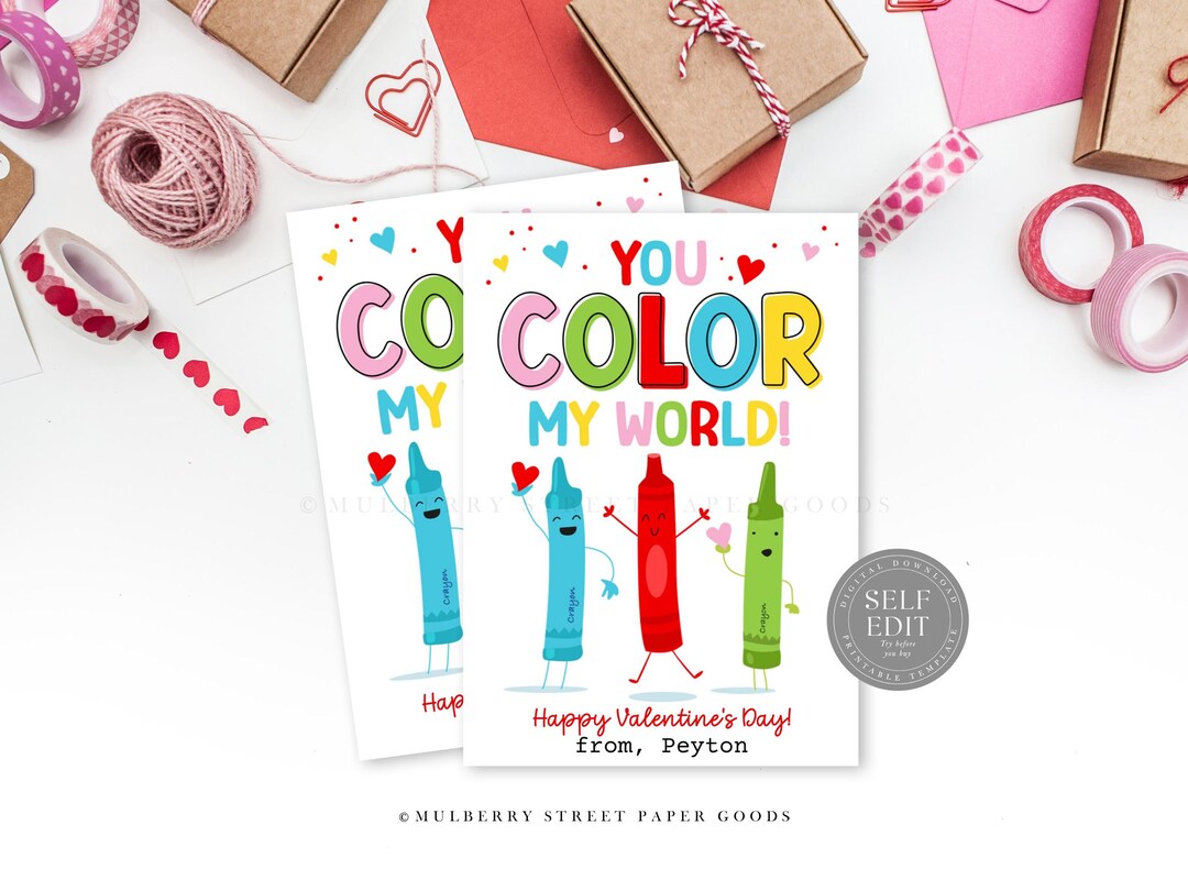 Crayons Valentine Card Canva Template Printable Color Classroom ...