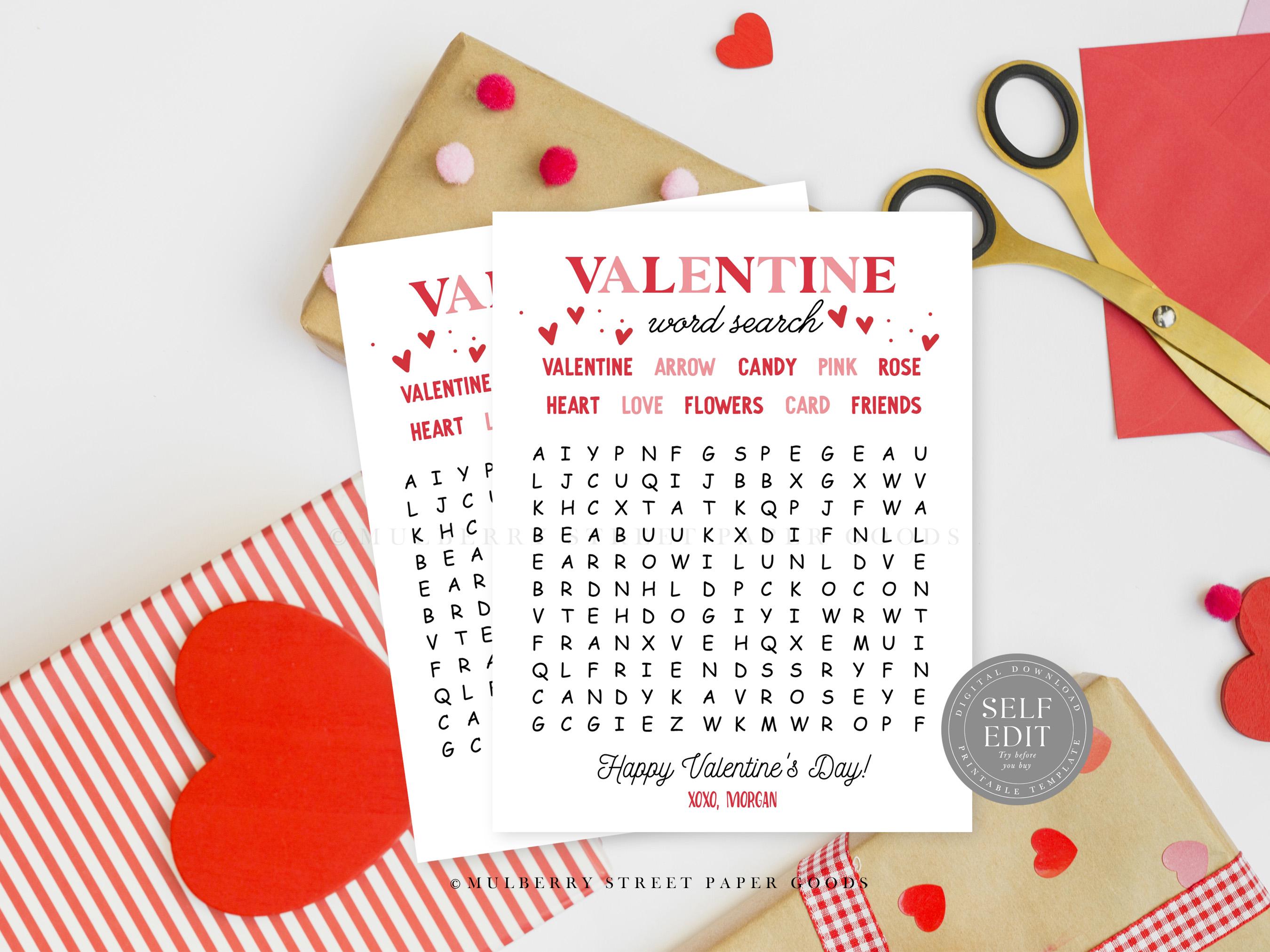 Word Search Valentine Card Printable Valentine Game Non Candy Gift ...