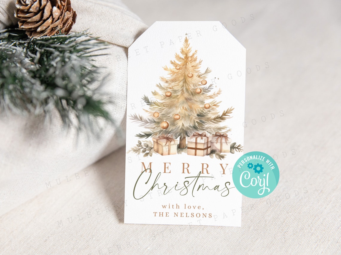 Printable Merry Christmas Gift Tag, Pretty Christmas Tree Editable Tag ...