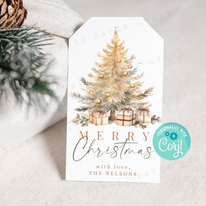 Printable Merry Christmas Gift Tag, Pretty Christmas Tree Editable Tag ...