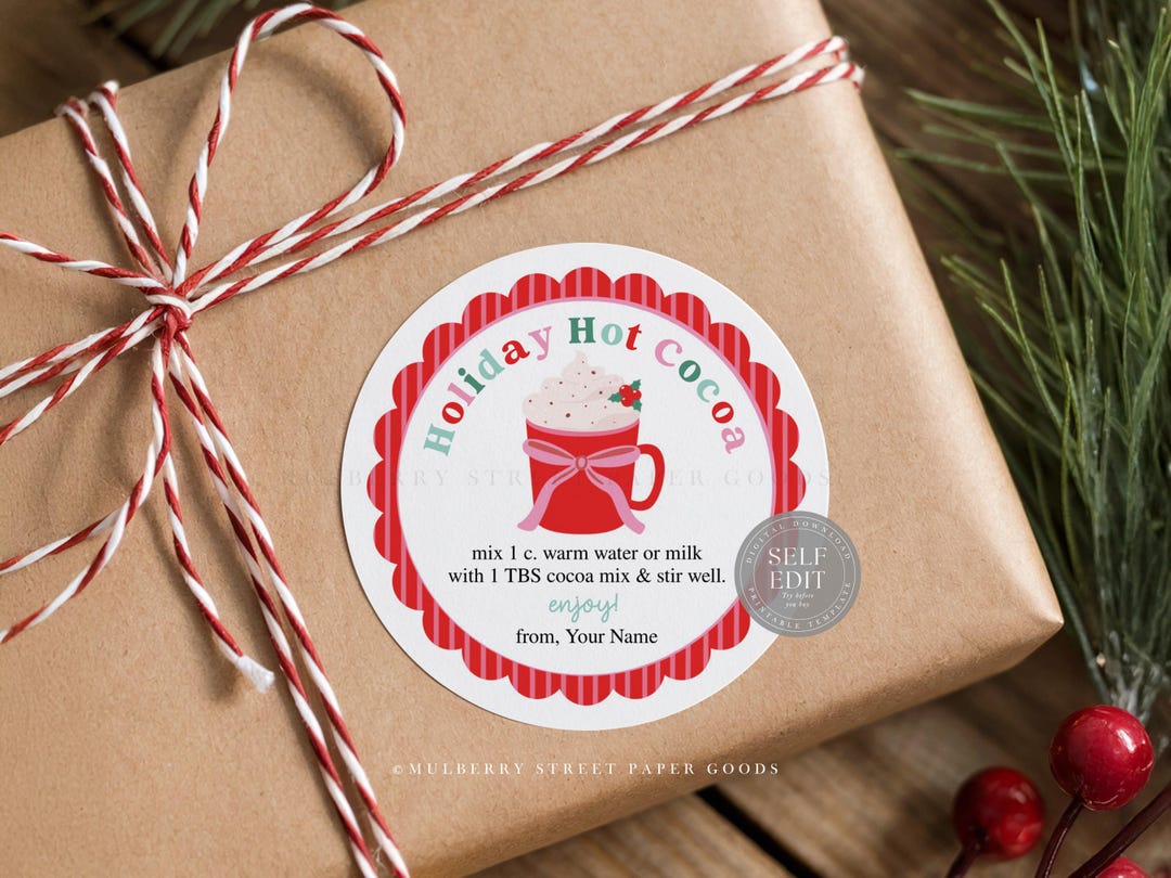 Editable Holiday Hot Cocoa Round Label Printable Digital Download Red ...