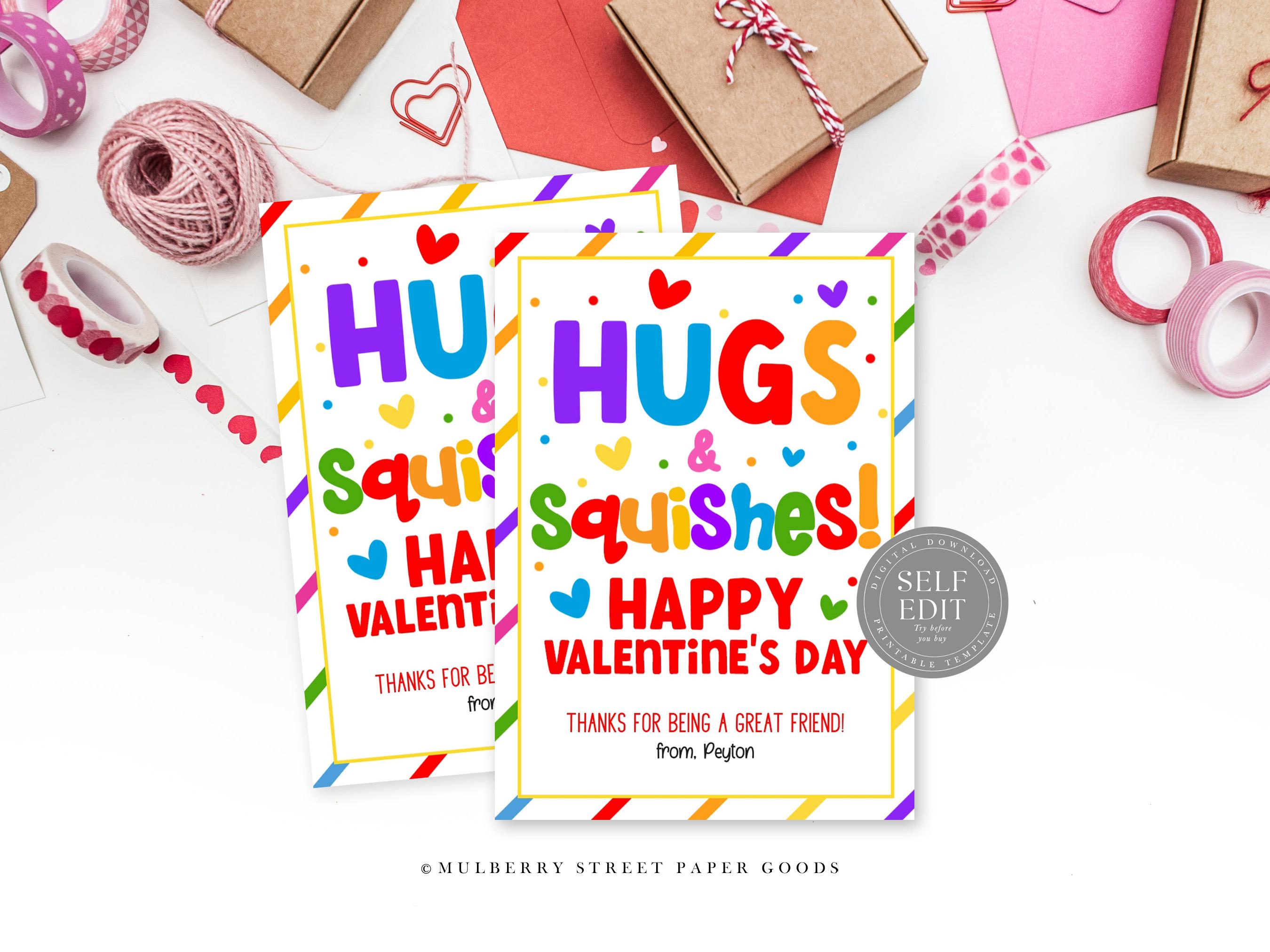 Printable Hugs and Squishes Valentine's Day Card Kids School Classroom ...