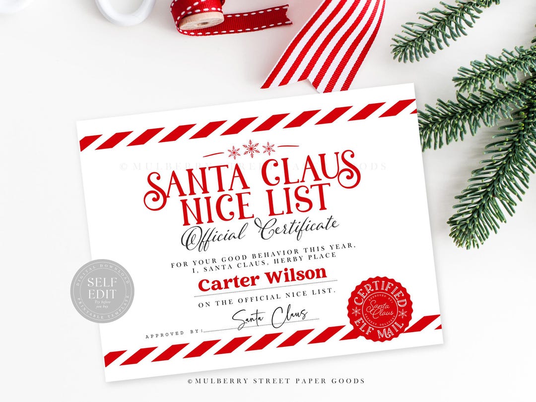 Editable Nice List Certificate Canva Template Personalized Santa Claus ...