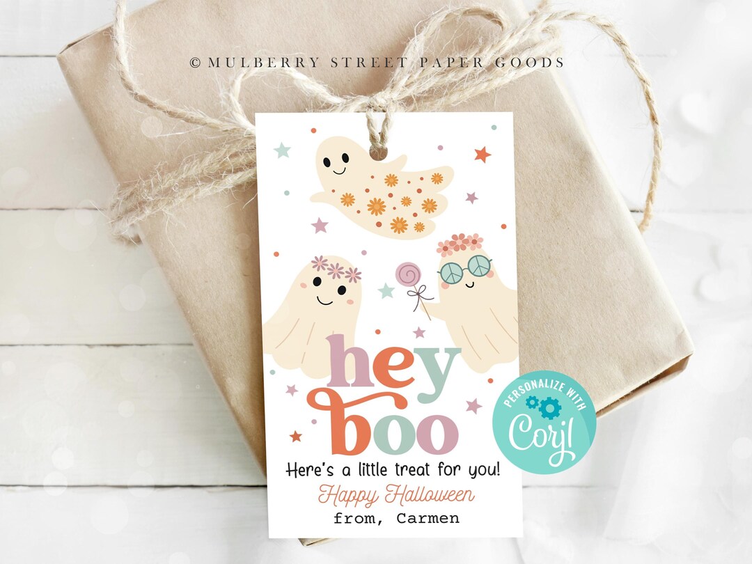 Personalized Halloween Gift Tag Printable, Hey Boo Groovy Ghosts ...