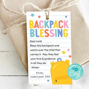 Backpack Blessing Gift Tag Printable, Back to School Tag, Digital ...