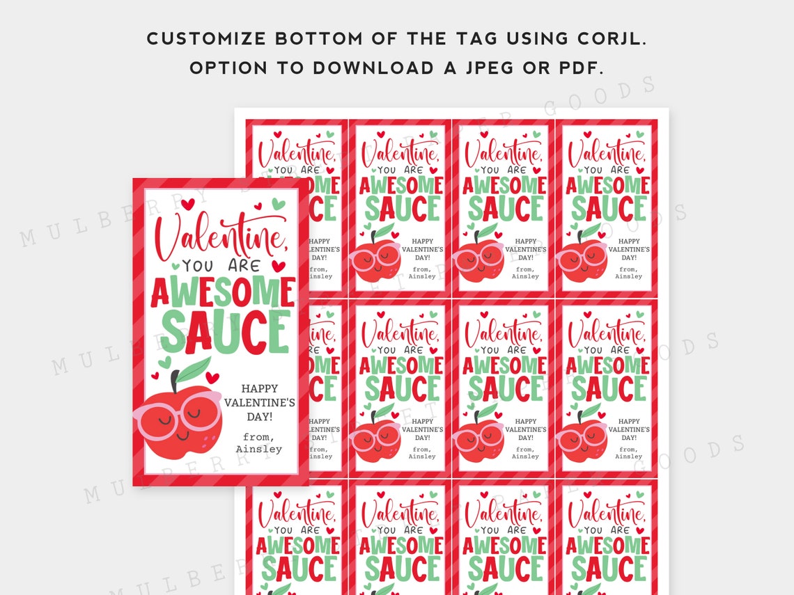 Printable You Are Awesome Sauce Valentine's Day Card Kids Classroom ...