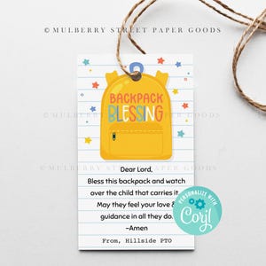 Editable Backpack Blessing Tag Printable Back to School Instant ...
