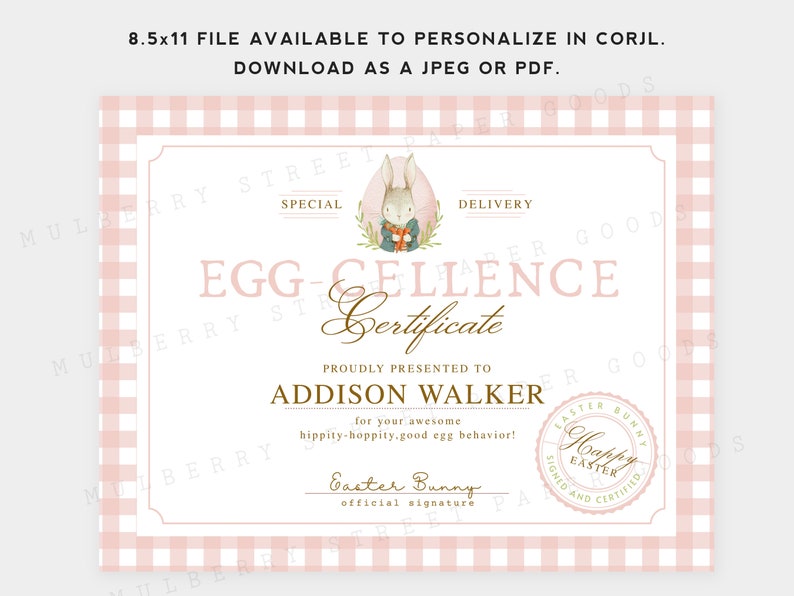 Printable Egg-cellence Certificate Editable Easter Bunny Certificate of ...