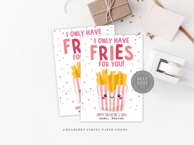 French Fries Valentine Card Printable Classroom Valentine Instant ...