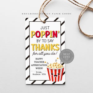 Just Popping by to Say Thanks for All You Do Gift Tag, Popcorn Gift Tag ...