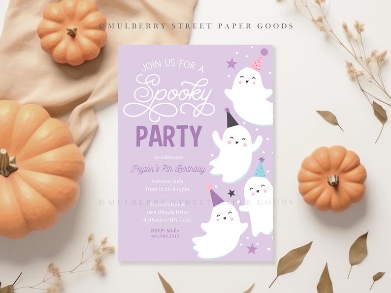 Editable Halloween Birthday Party Invitation Template Cute Ghost Pastel ...