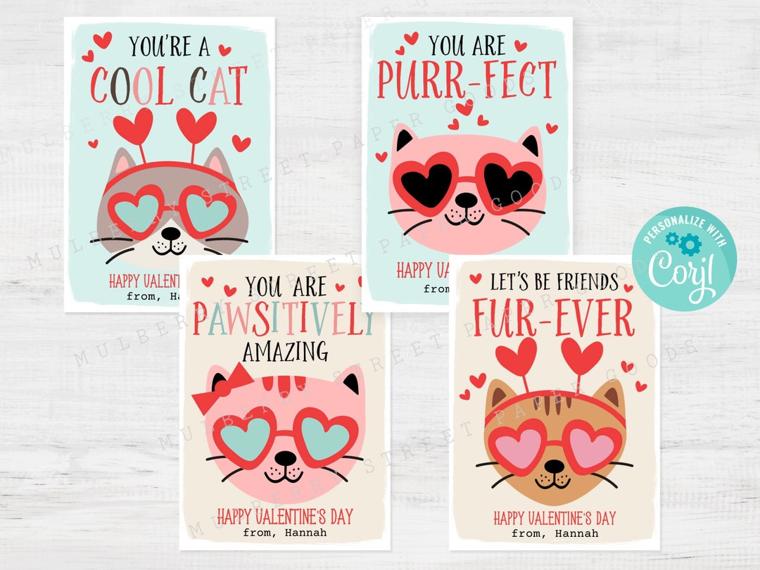 Cute Cat Valentine Card Printable Valentine's Day Cards for Kids Kitten ...