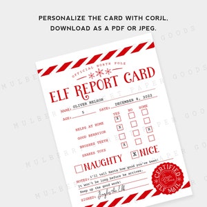 Printable Elf Report Card, Personalized Letter From Your Elf, Santa's ...