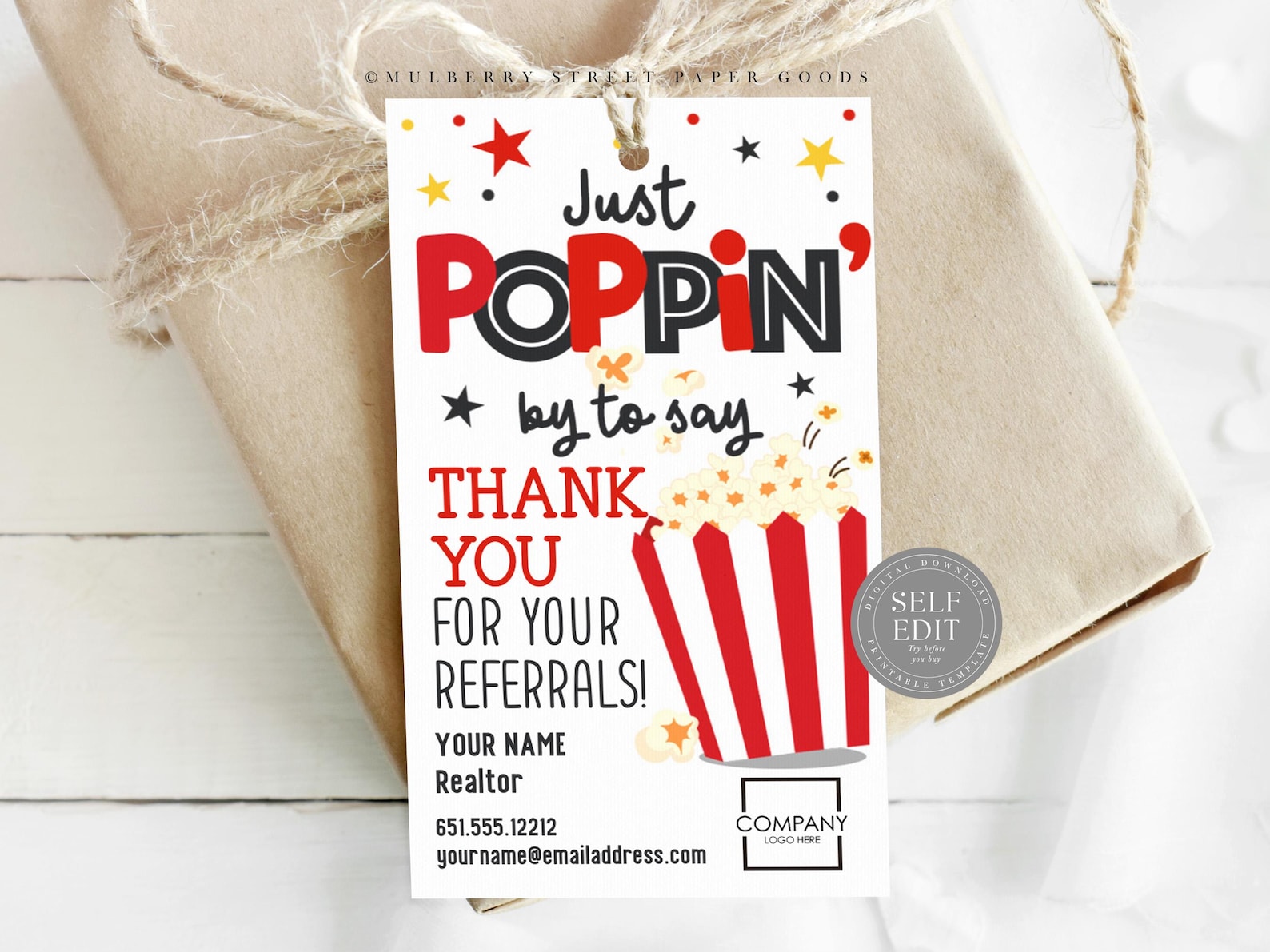 Editable Small Business Referral Tag Canva Template Popcorn Thank You ...