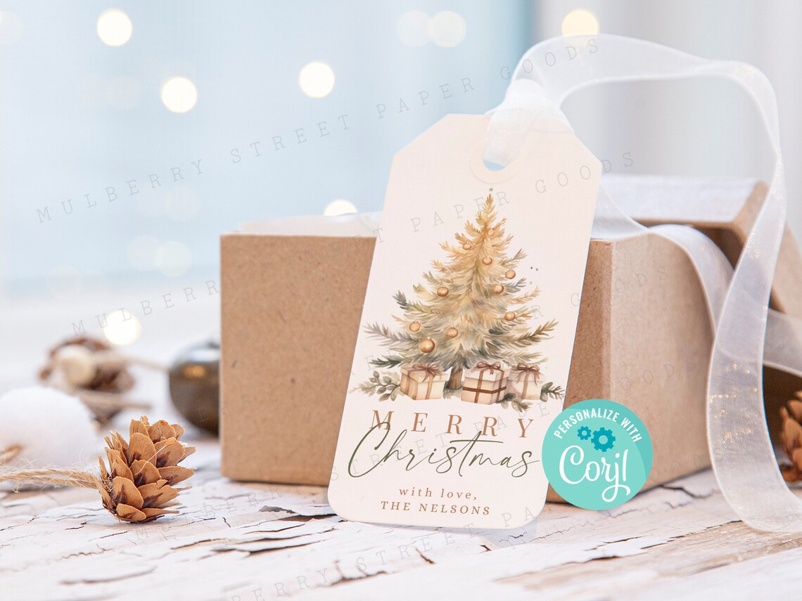 Printable Merry Christmas Gift Tag, Pretty Christmas Tree Editable Tag ...