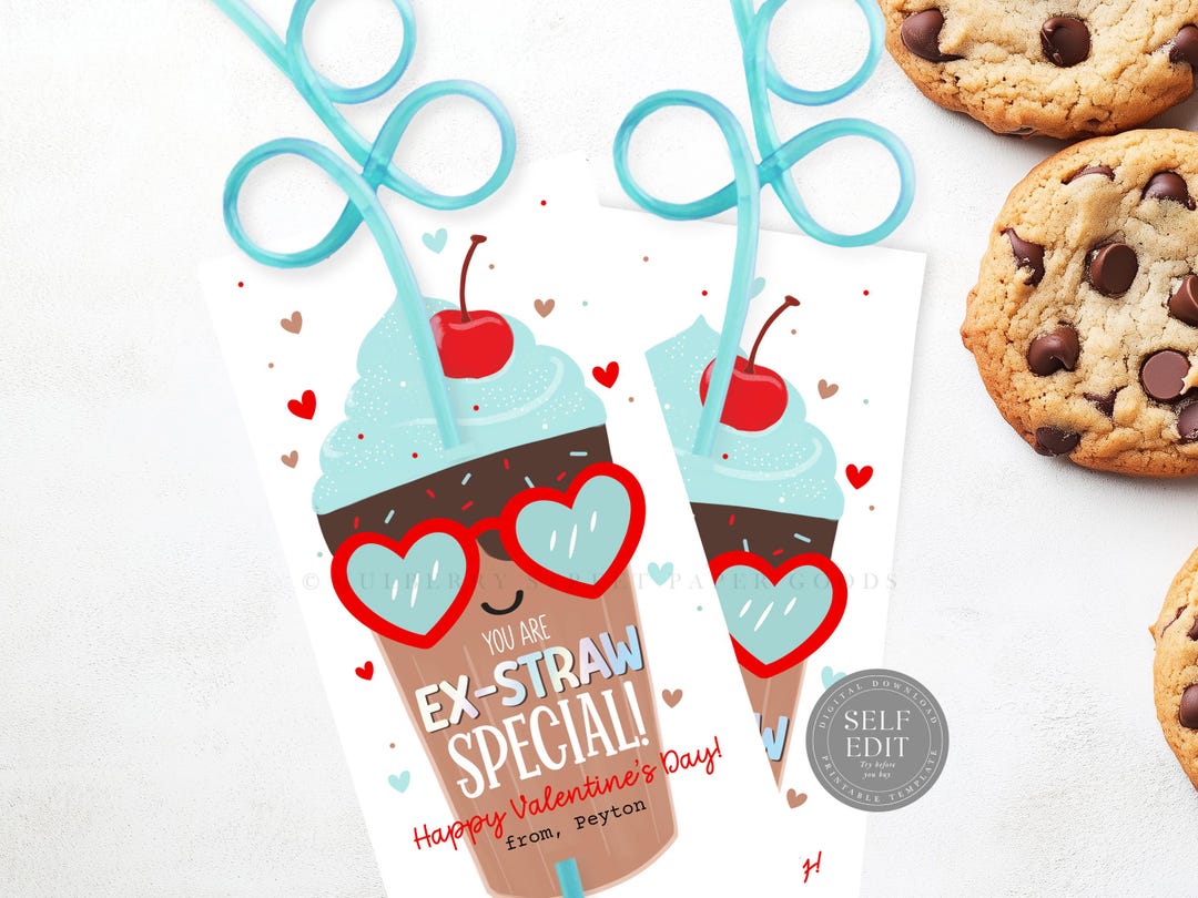 Cute Straw Valentine Card Printable Digital Download Valentine's Day ...