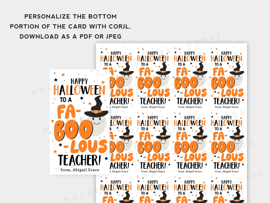Printable Happy Halloween to a Faboolous Teacher Gift Tag, School ...