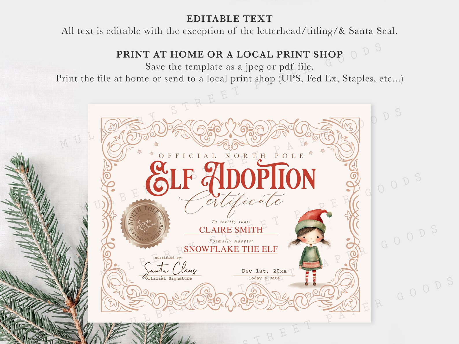 Printable Elf Adoption Certificate, Editable Adopt an Elf Print ...