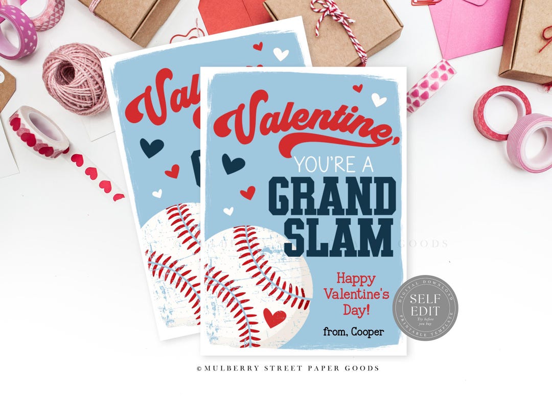 Baseball Valentine Card Canva Template Grand Slam Baseball Classroom ...