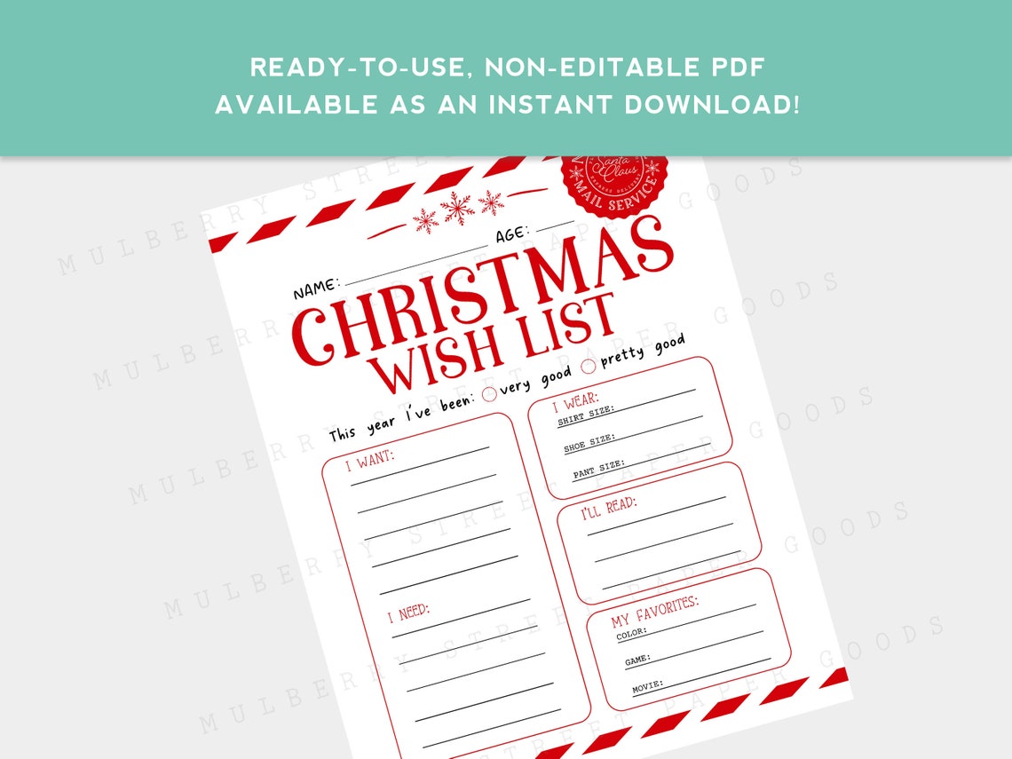 Instant Download Christmas Wish List, Kids Christmas Gift Wish List PDF ...