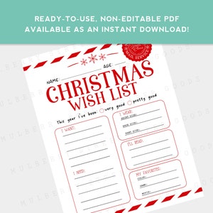 Instant Download Christmas Wish List, Kids Christmas Gift Wish List PDF ...