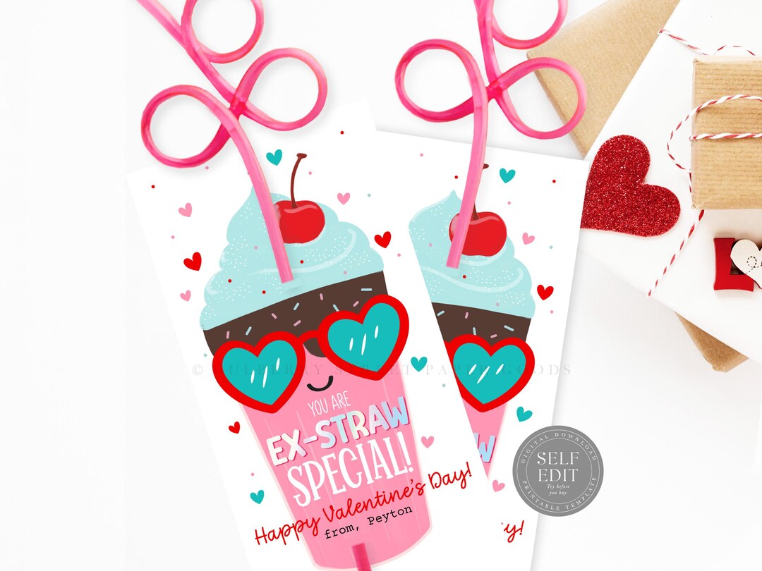Silly Straw Valentine Card Printable Cute Straw Valentine's Day Canva ...