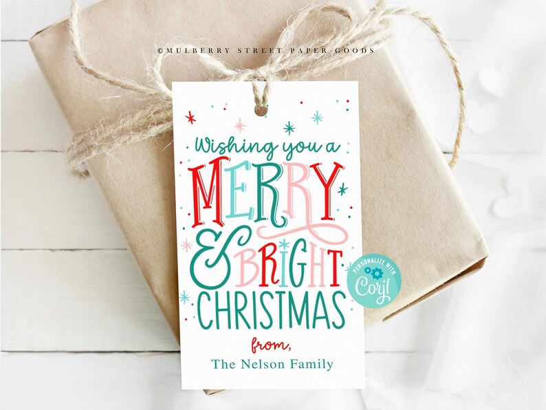 Merry & Bright Christmas Gift Tag Digital Download Colorful Christmas ...