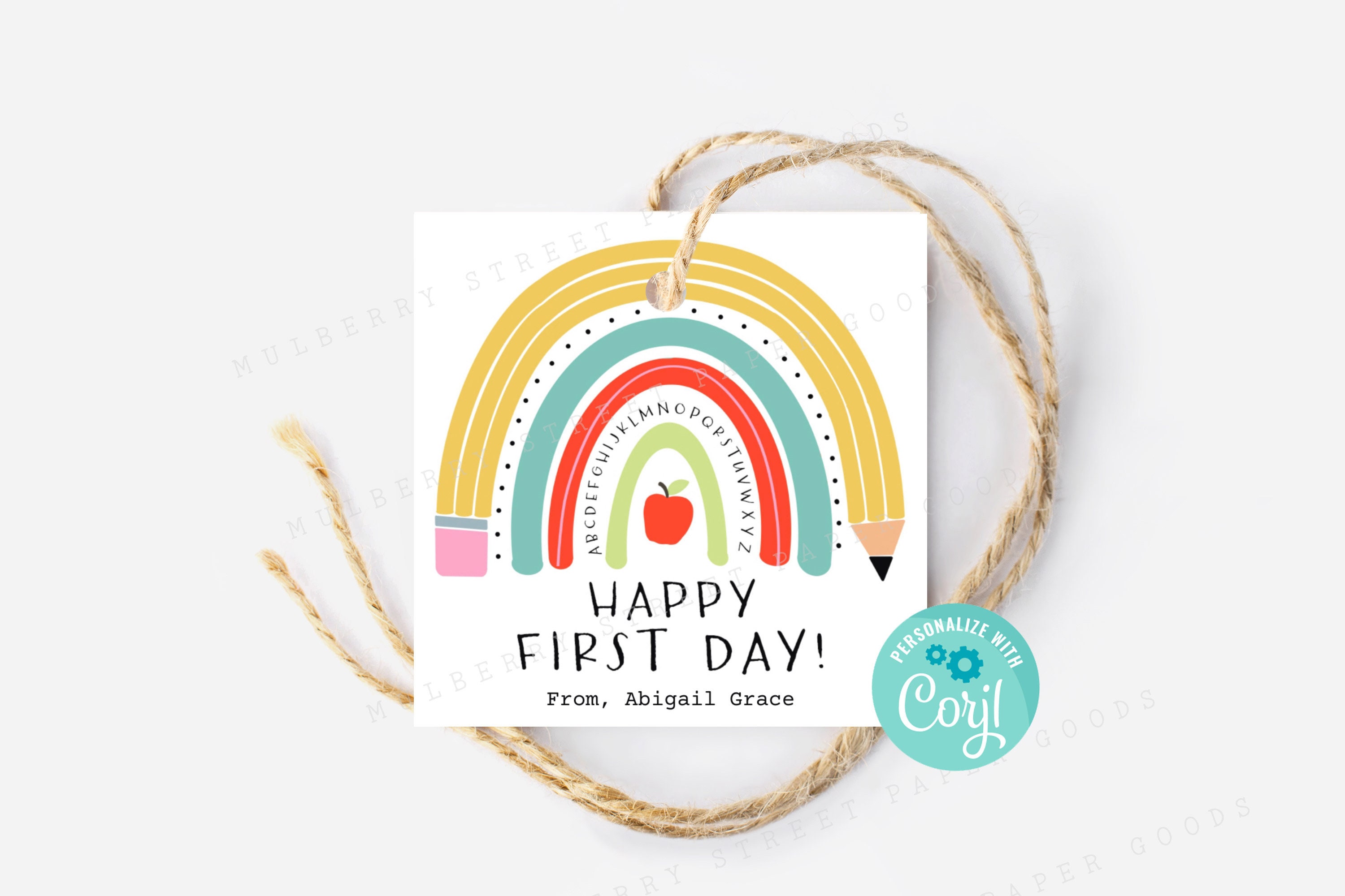 Printable First Day of School Gift Tag, School Supplies Rainbow Tag ...