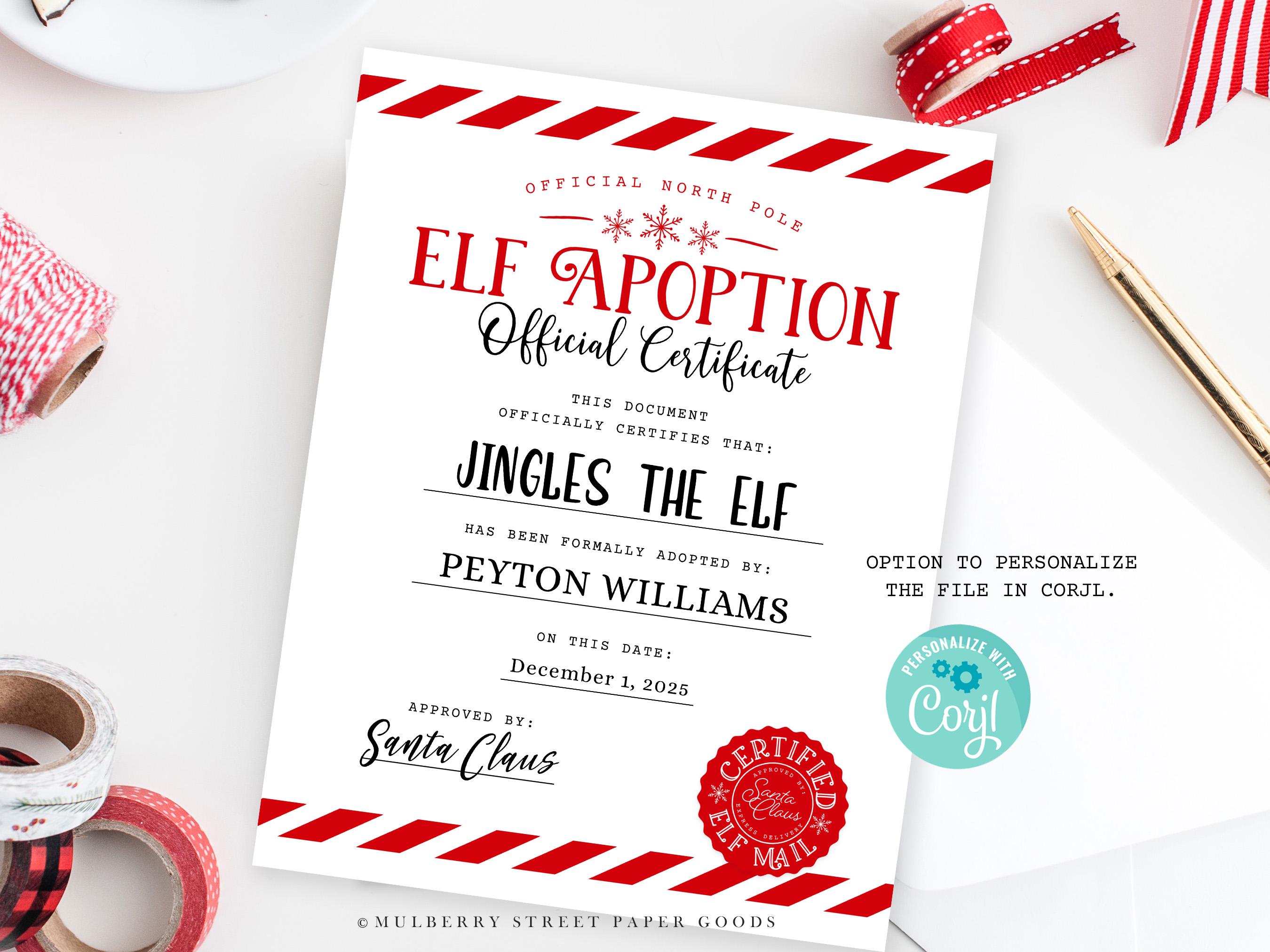 Editable Elf Adoption Certificate Digital Download Elf Adoption ...