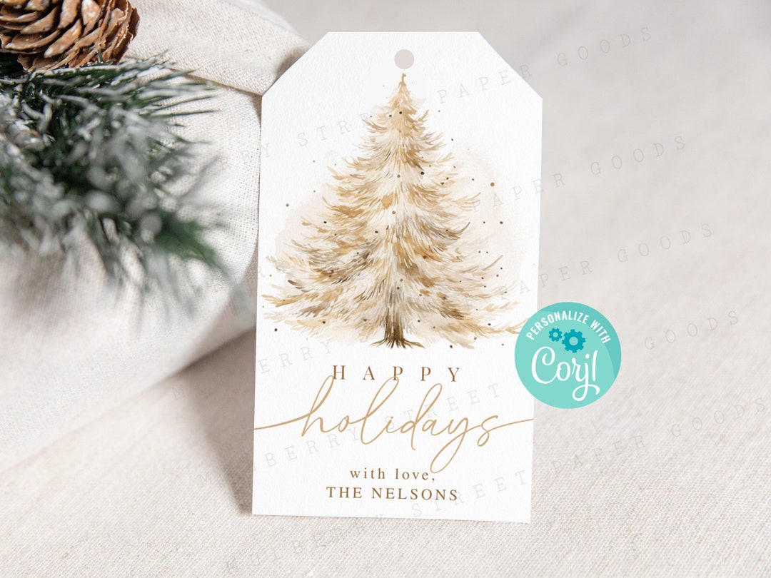 Printable Happy Holidays Gift Tag, Gold Christmas Tree Gift Tag, DIY ...