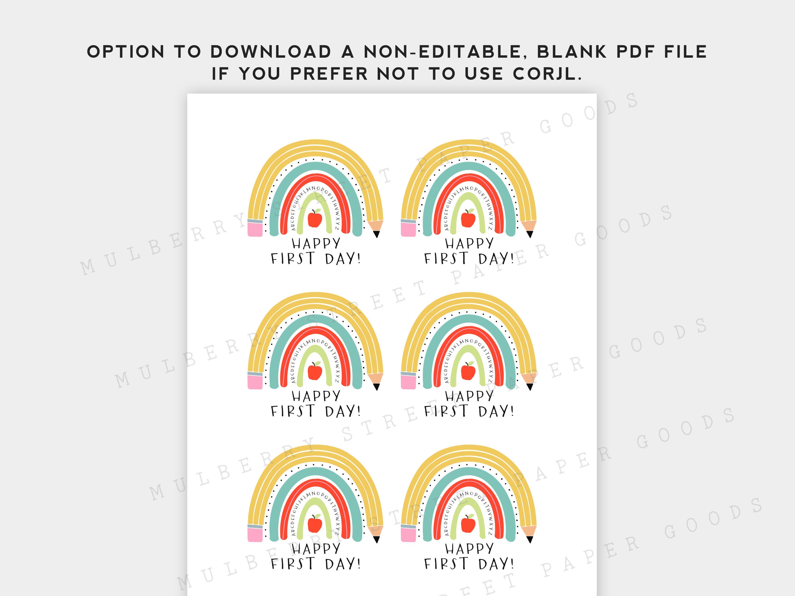 Printable First Day of School Gift Tag, School Supplies Rainbow Tag ...