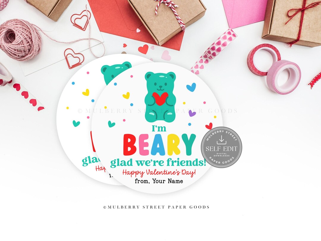 Bear Valentine's Day Printable Label Digital Download Canva Template ...