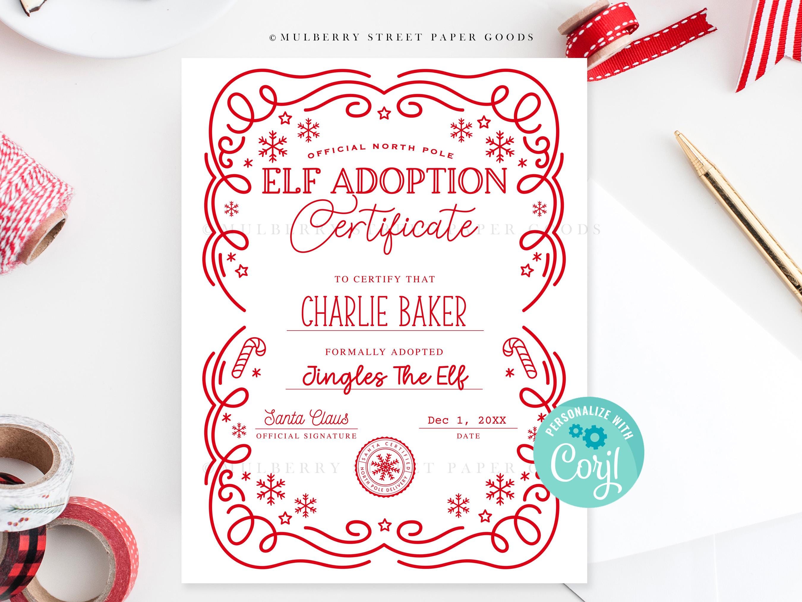 Editable Elf Adoption Certificate Printable Personalized Christmas Elf ...
