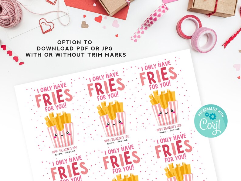 French Fries Valentine Card Printable Classroom Valentine Instant ...