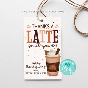 Thanks A Latte Gift Tag Printable Coffee Tag Instant Download Teacher ...