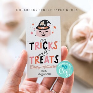 Halloween Printable Gift Tag Pink Halloween No Tricks Just Treats Cute ...