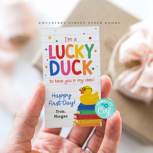 Lucky Duck Back to School Gift Tag Printable Rubber Duck First Day of ...