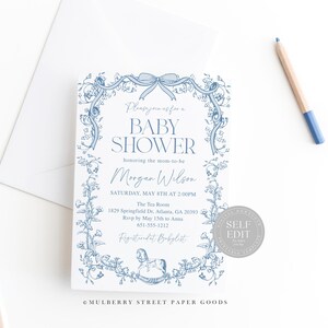 Editable Blue Toile Baby Shower Invitation Bundle Toile De Jouy Blue ...