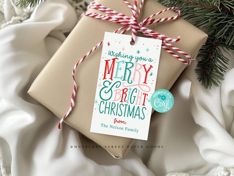 Merry & Bright Christmas Gift Tag Digital Download Colorful Christmas ...