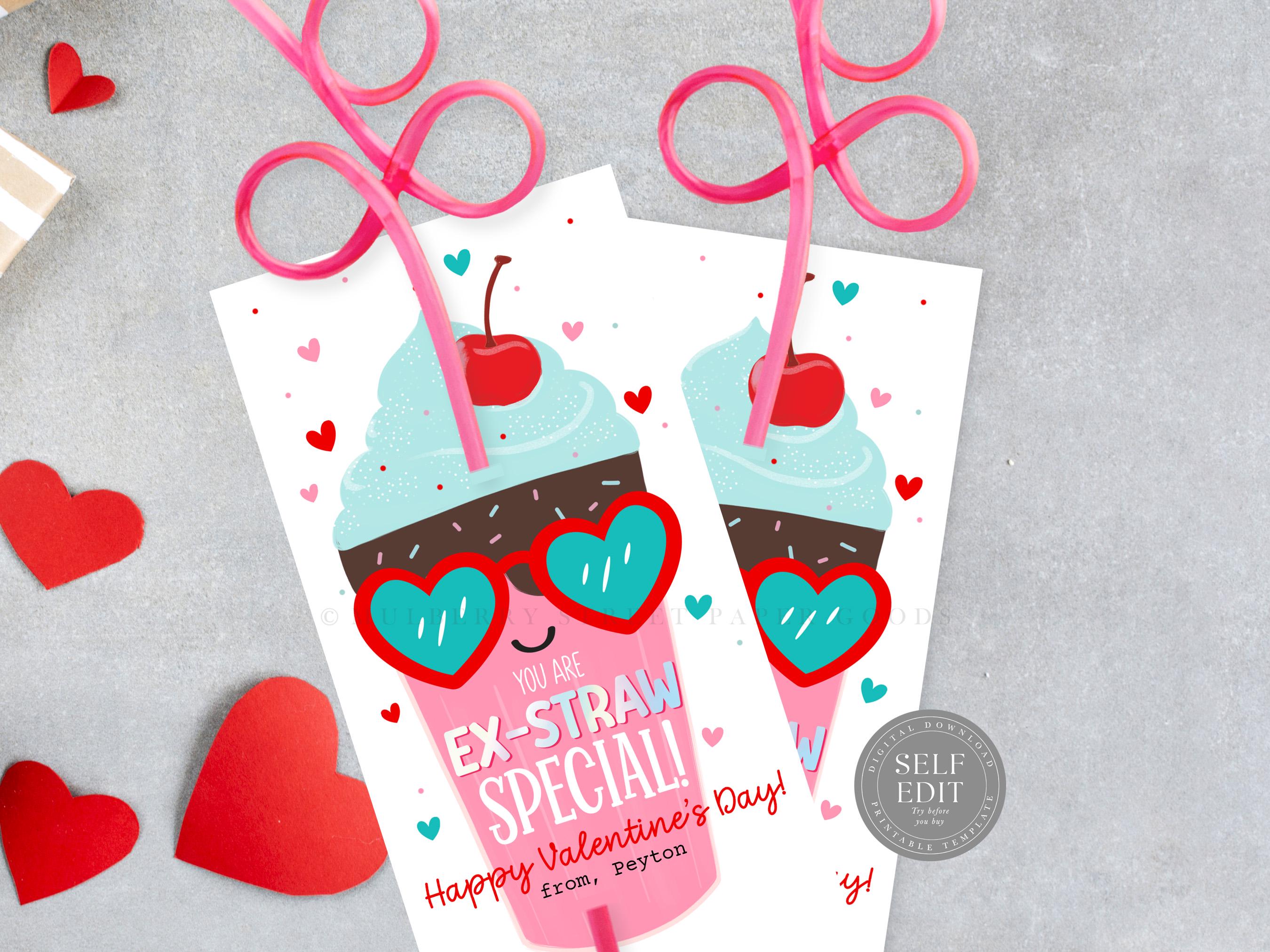 Silly Straw Valentine Card Printable Cute Straw Valentine's Day Canva ...