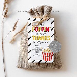 Just Popping by to Say Thanks for All You Do Gift Tag, Popcorn Gift Tag ...