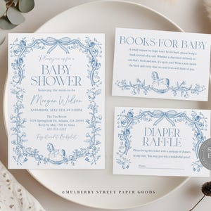 Editable Blue Toile Baby Shower Invitation Bundle Toile De Jouy Blue ...
