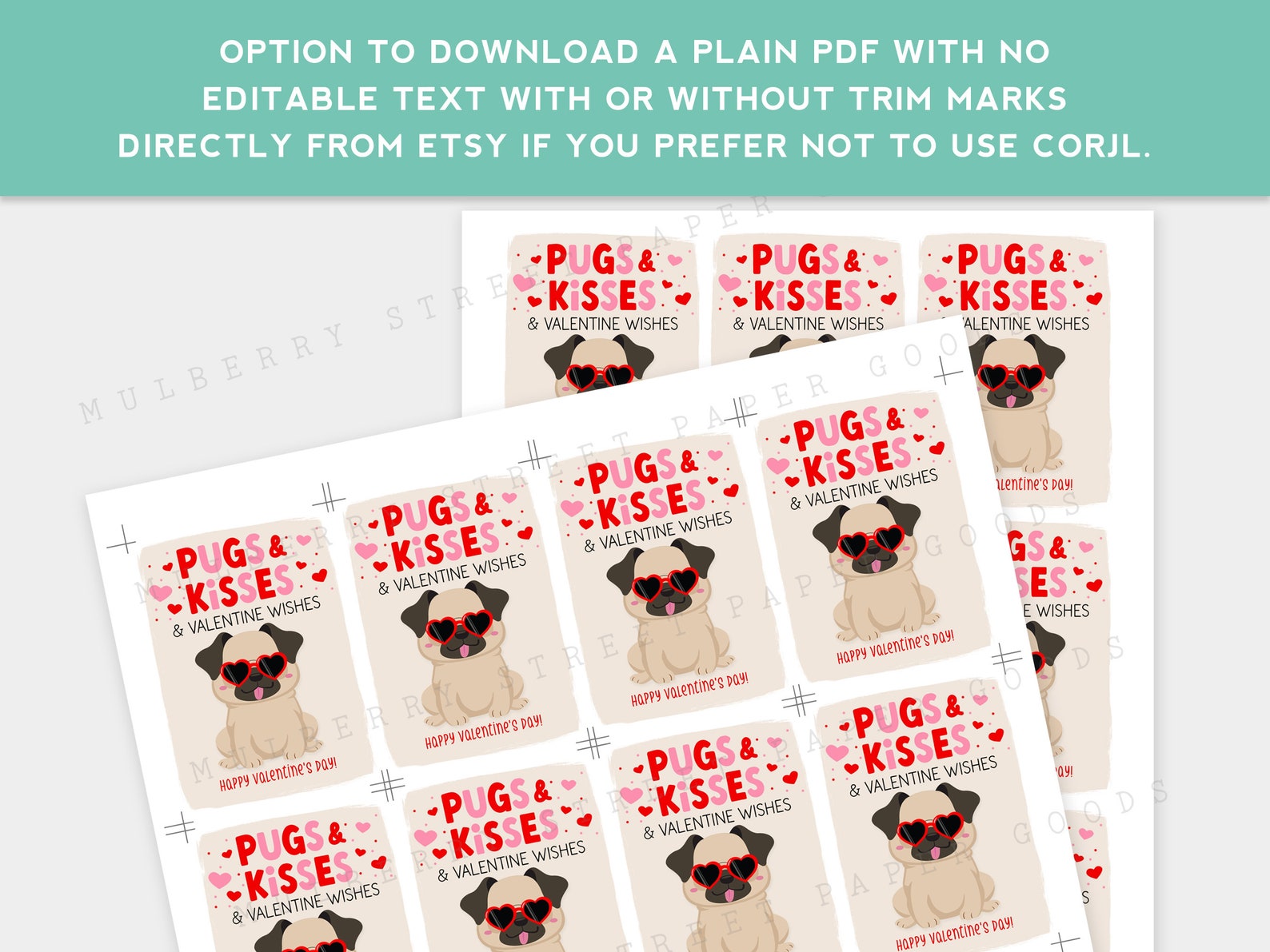 Printable Pugs and Kisses Valentine's Day Cards Cute Kids - Etsy