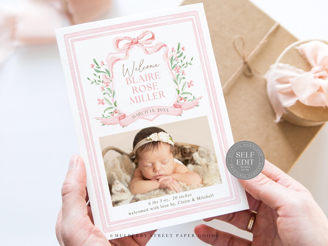 Pink Crest Birth Announcement Canva Template Digital Download Editable ...
