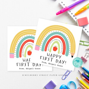 Printable First Day of School Gift Tag, School Supplies Rainbow Tag ...